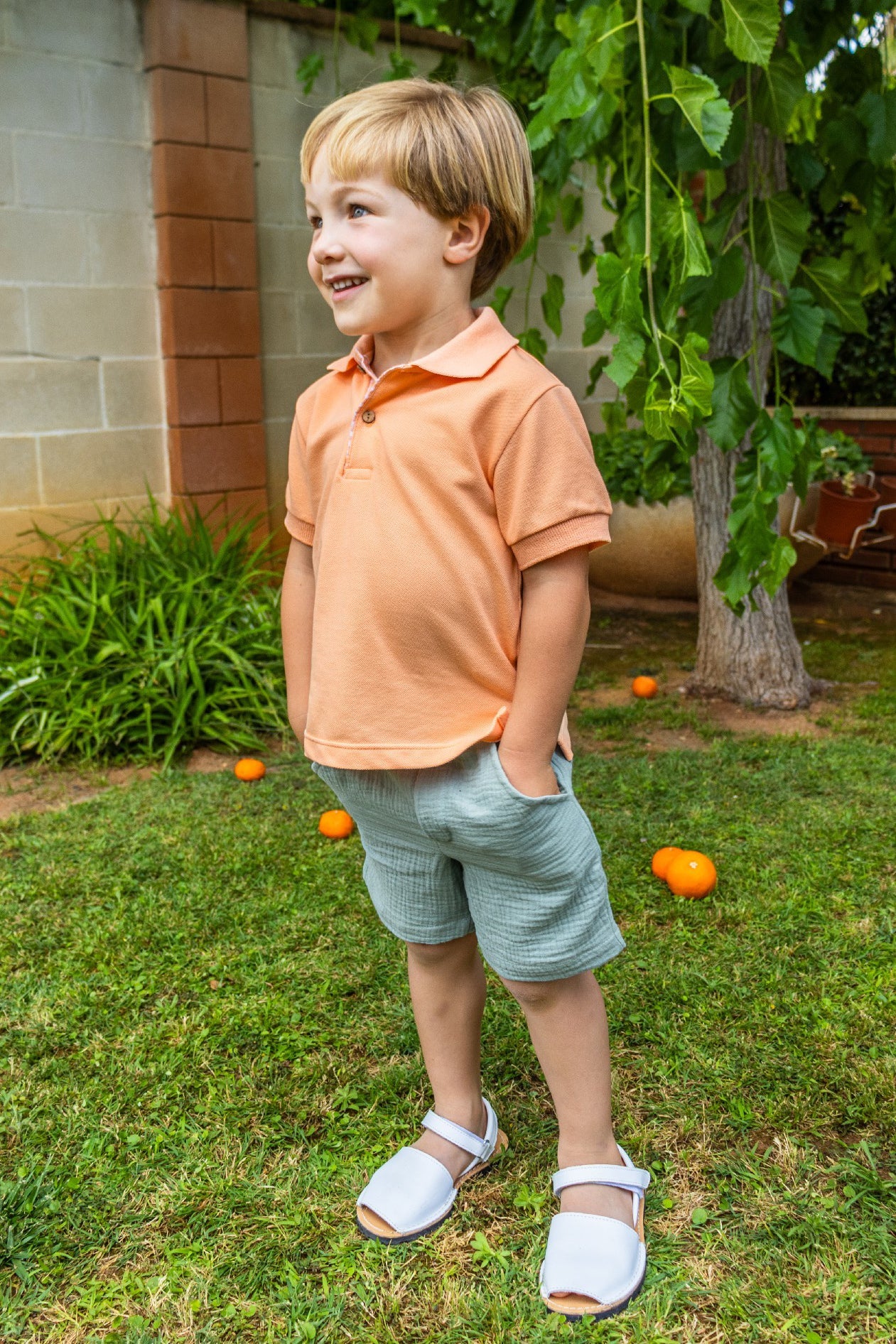 Calamaro SS25 | Peach Polo Shirt & Sage Green Shorts – Millie and John
