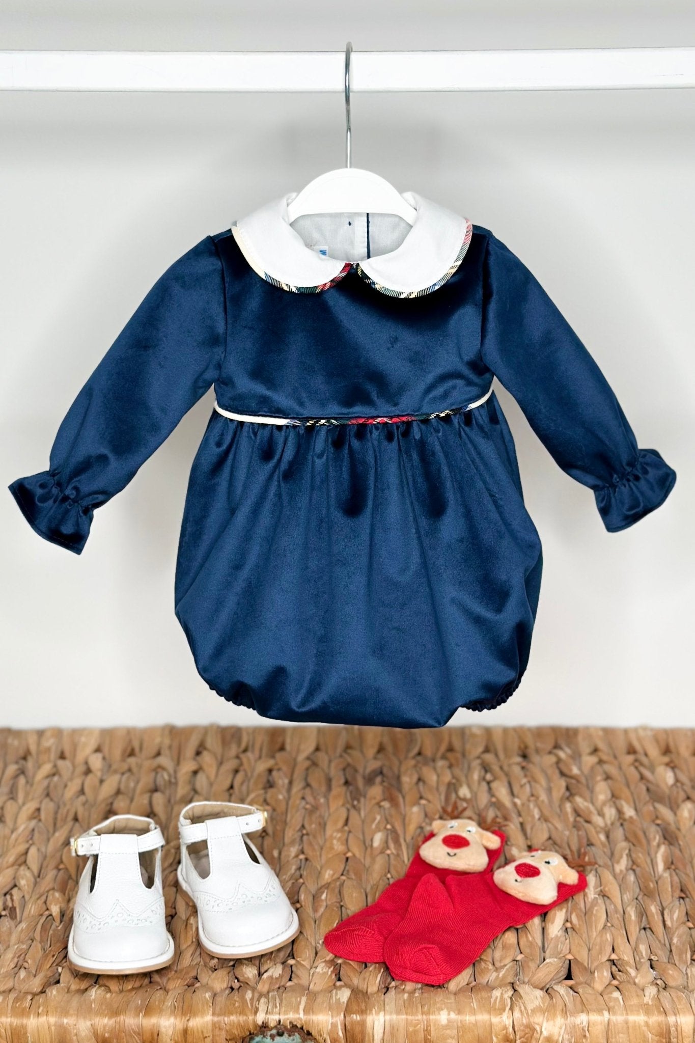 AW25 Puro Mimo | "Benjamin" Midnight Blue Velvet Tartan Romper – Millie ...